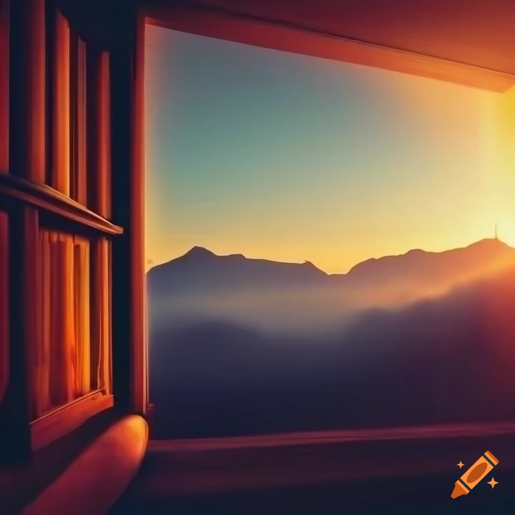 Small open window overlooking sunset, clouds, trees, and mountains in ...