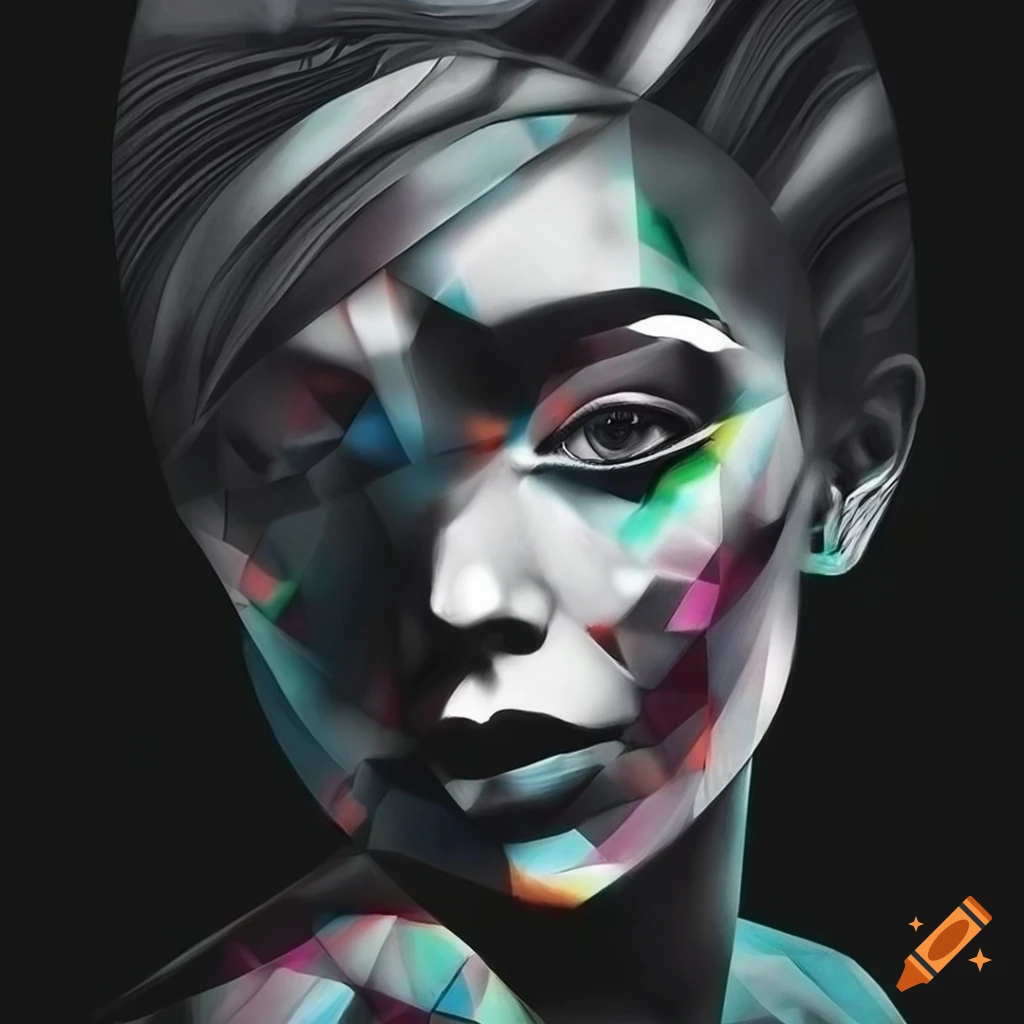 Mesmerizing geometric artwork featuring a vibrant portrait of a woman in black and white on Craiyon