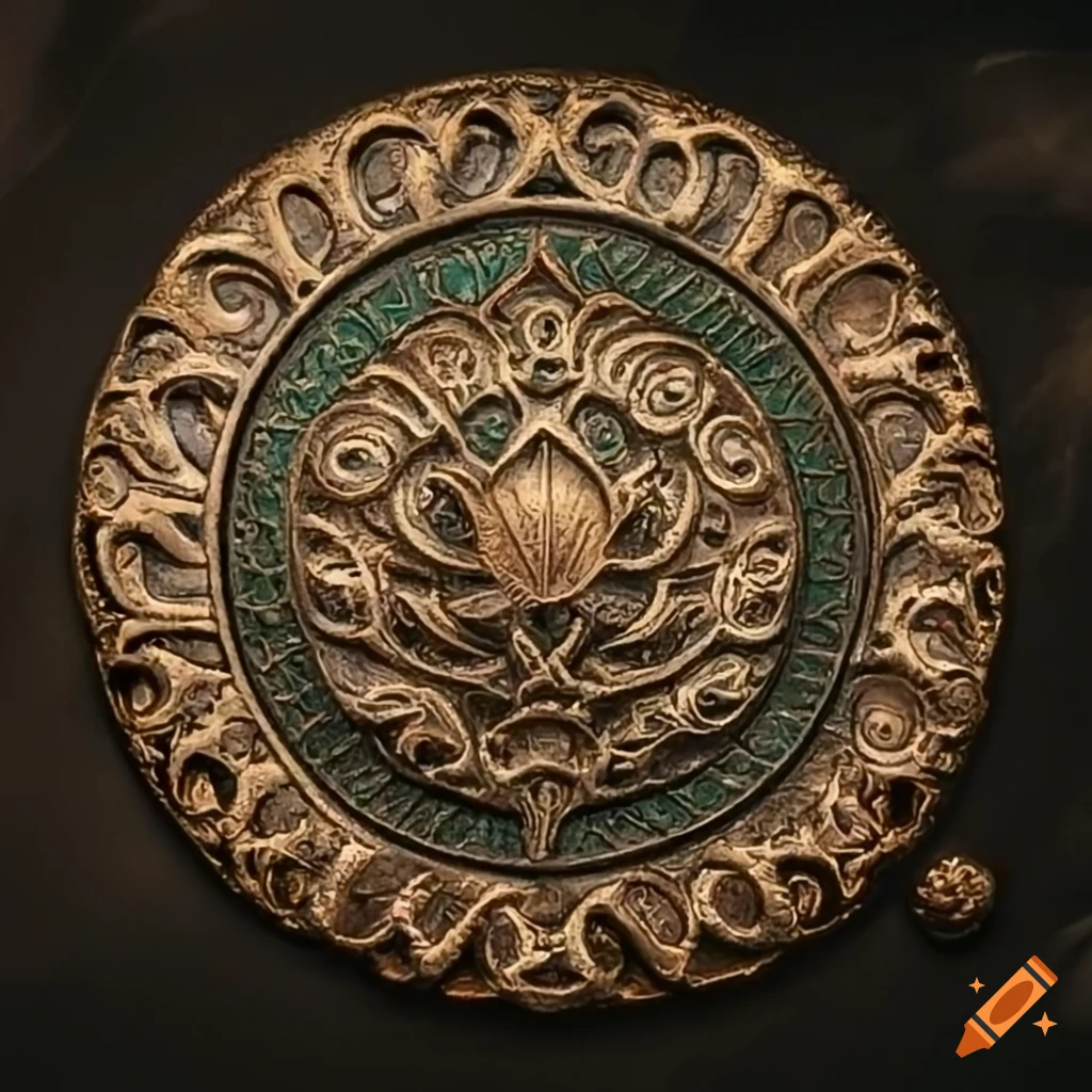 Bronze signet emblem with emeralds and lotus blossom motif in full ...