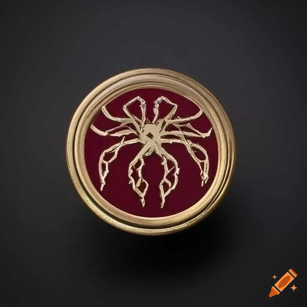 Round iron signet emblem with inlaid rubies in arcane spider motif on ...