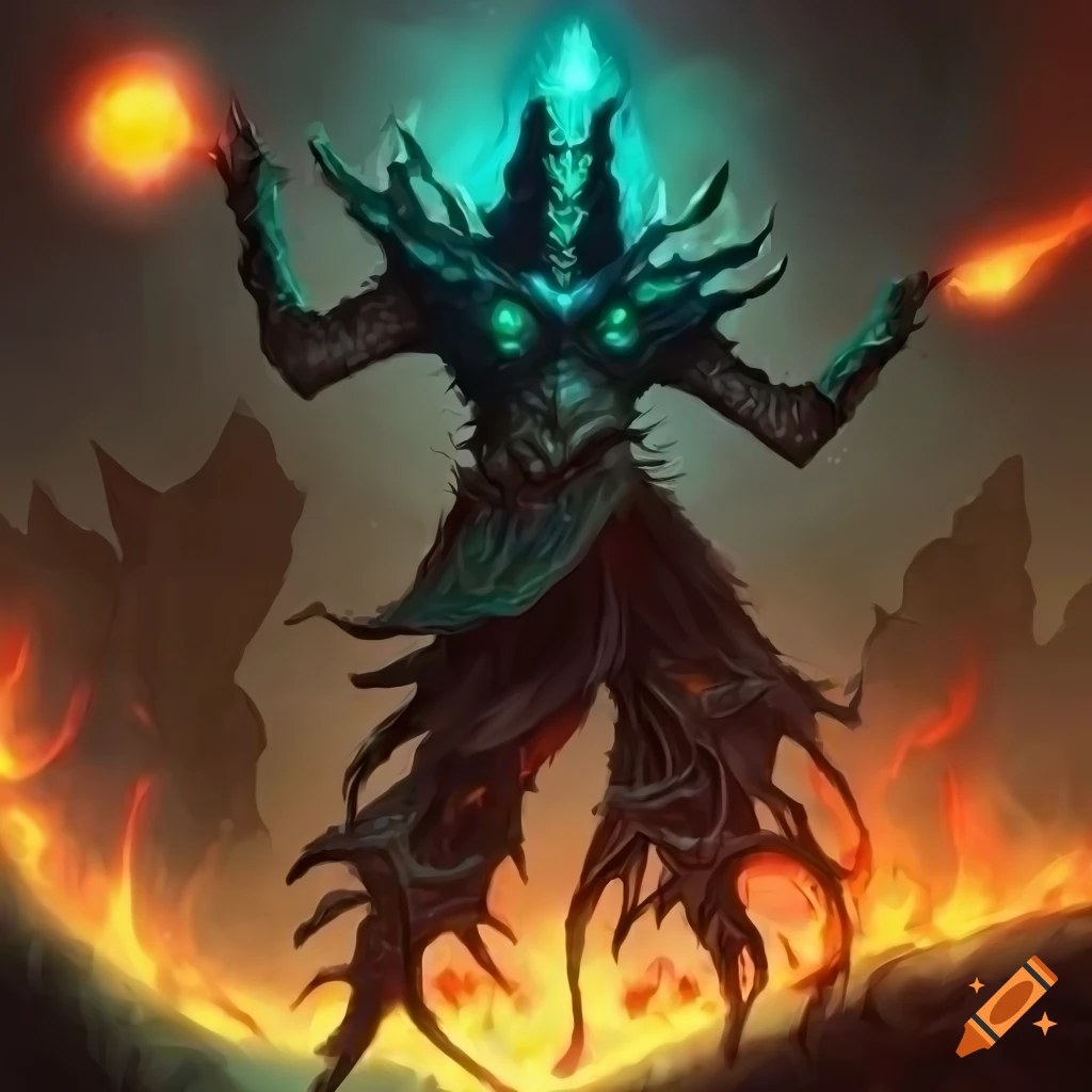 Dark volcanic mage casting cyan magic in a fantasy art piece on Craiyon