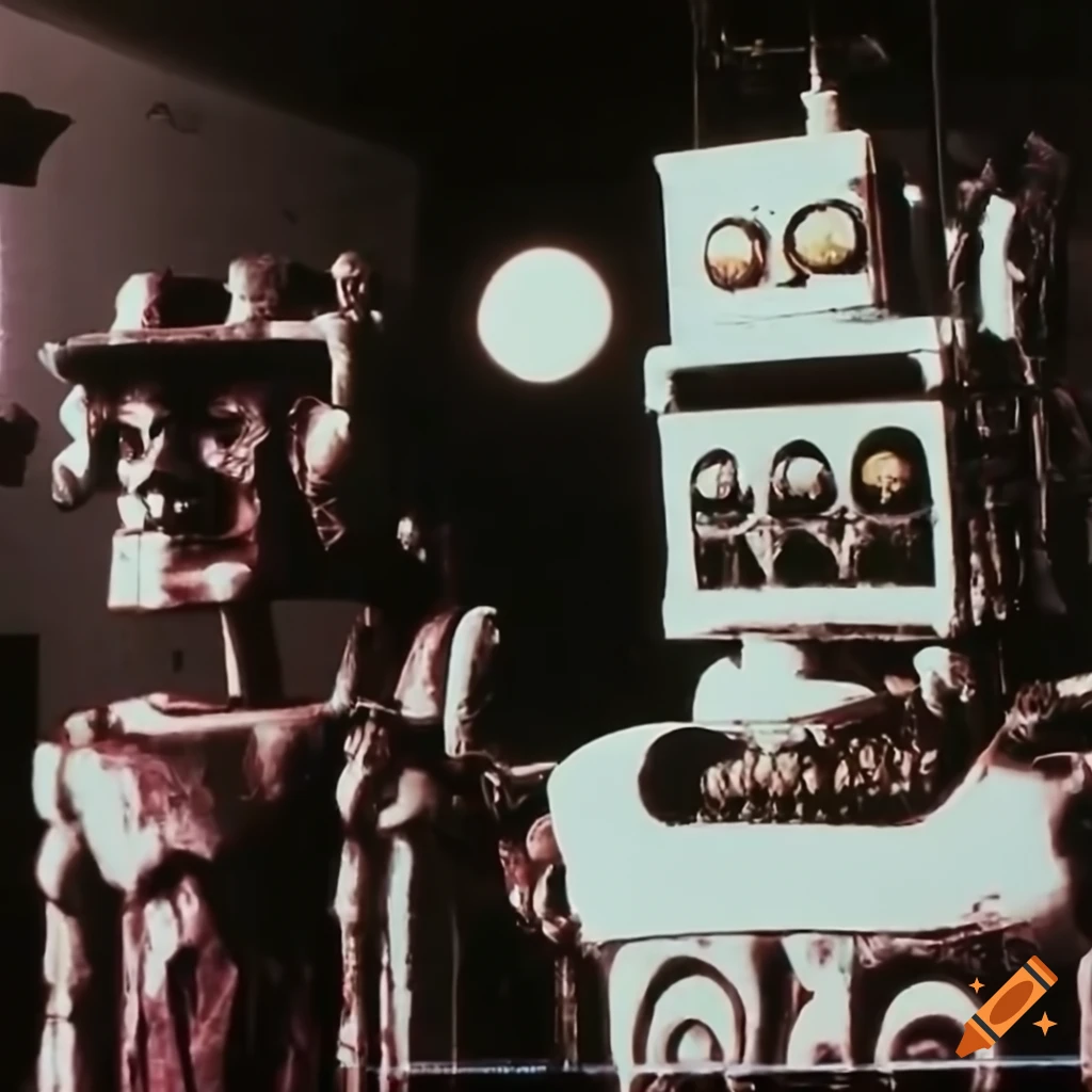 Group of zombie robots entering mall lobby in 1970's style VHS movie ...