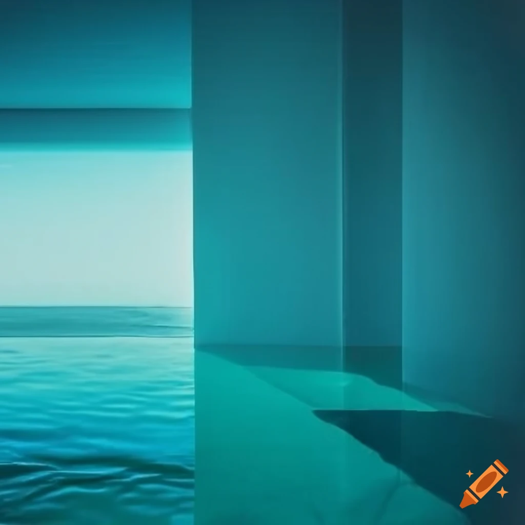 Liminal space with white tiles and shallow water reflecting on windows ...