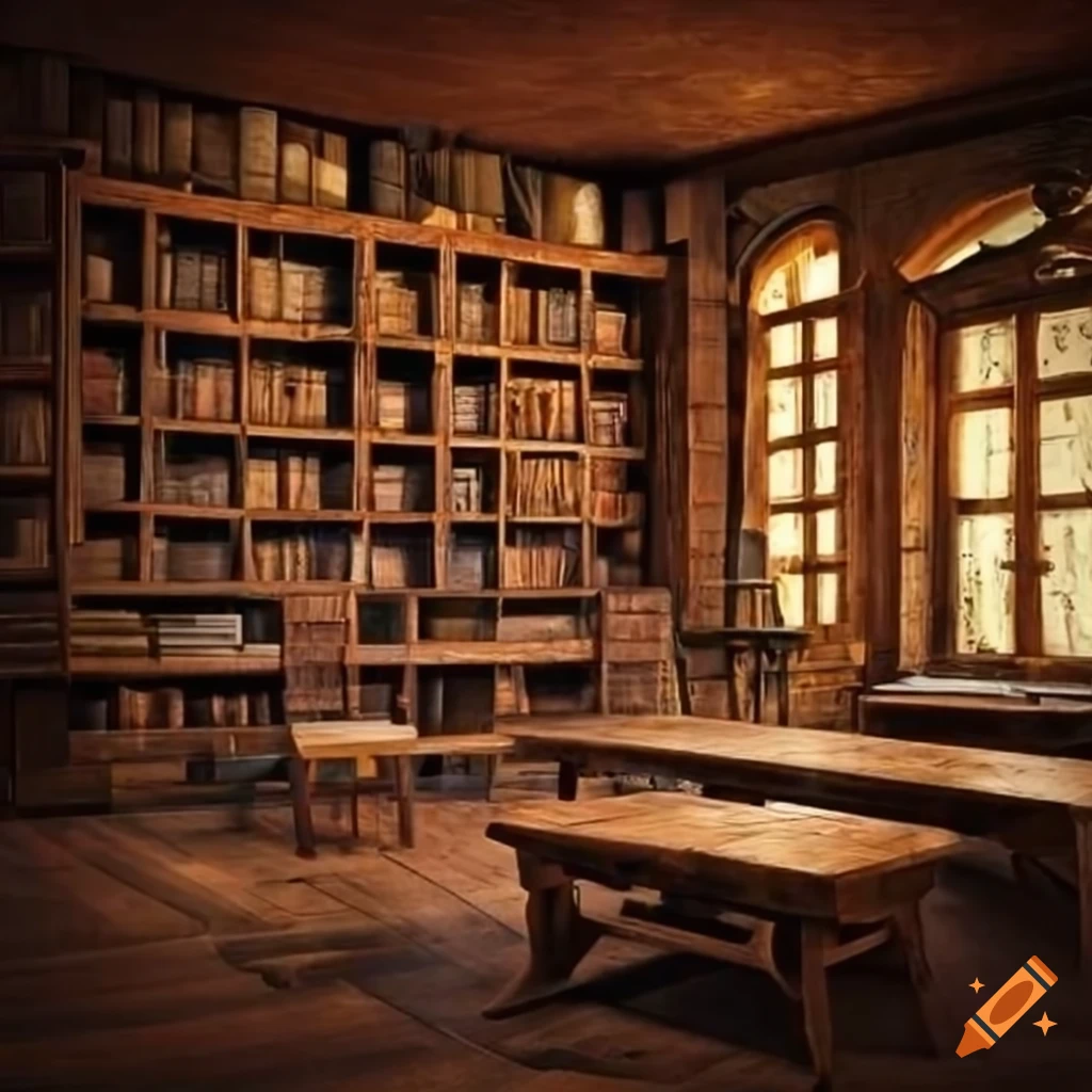 Rustic library with cozy seating and wooden tables on Craiyon