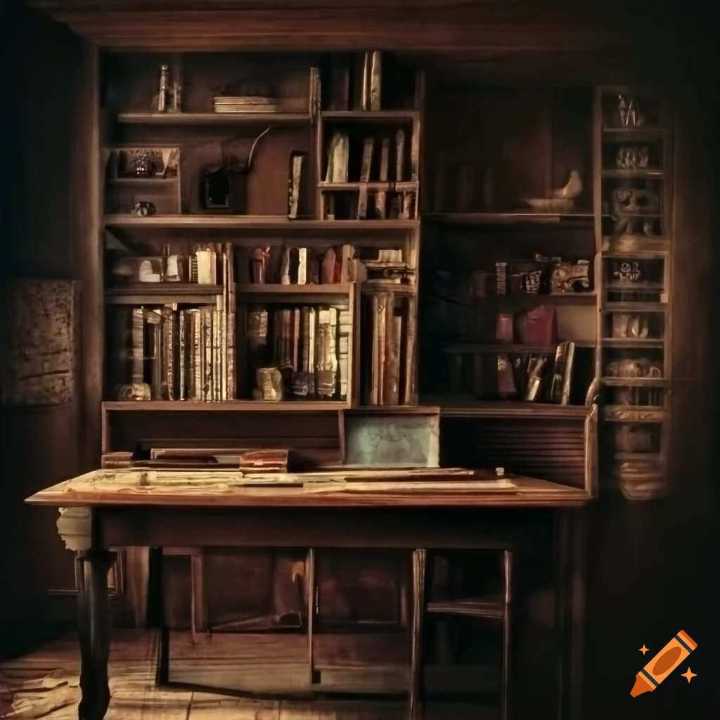 Old study with filled shelves, desks, and tall windows on Craiyon