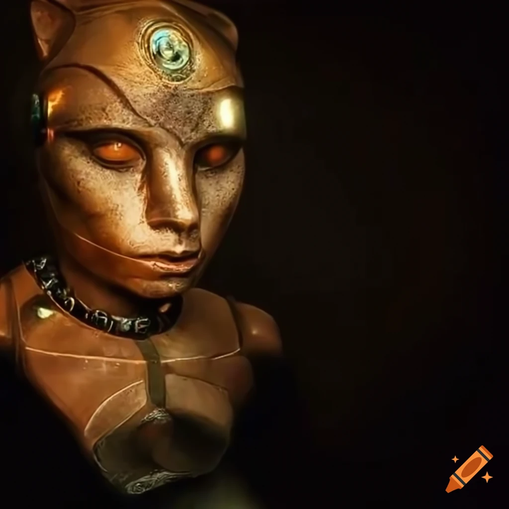 Humanoid female cat cyborg with orange eyes and ancient Egyptian design ...