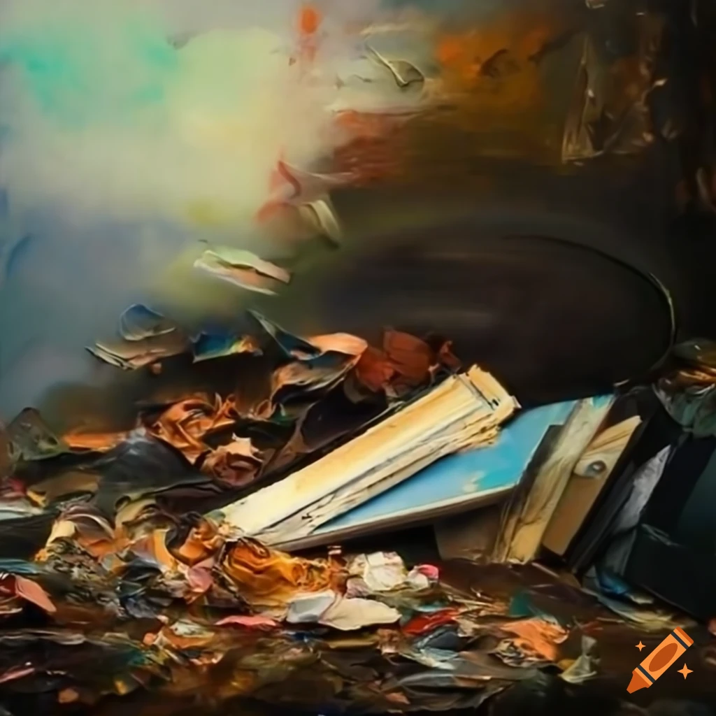 Binder of papers discarded in a rubbish pile in an oil painting on Craiyon