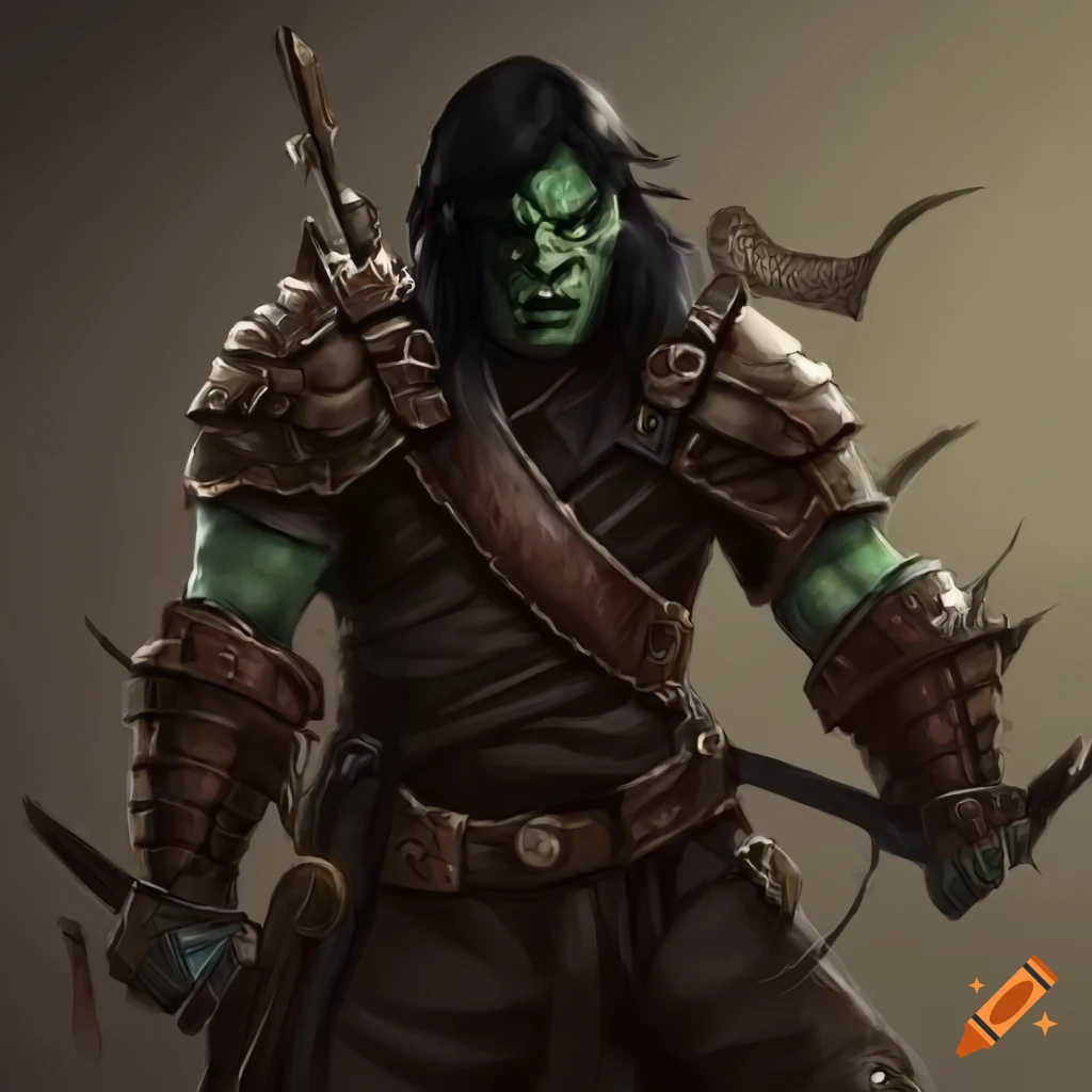 Half-orc ranger with black hair in leather armor dual wielding swords on Craiyon