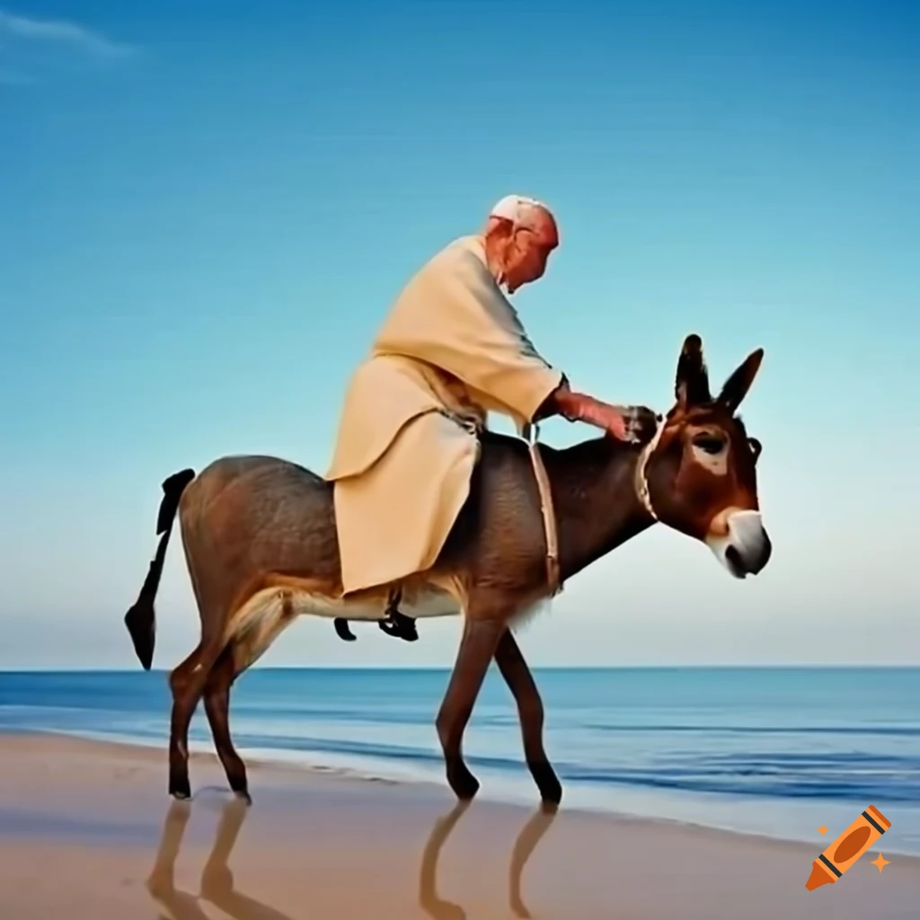 The pope riding a donkey on the beach on Craiyon