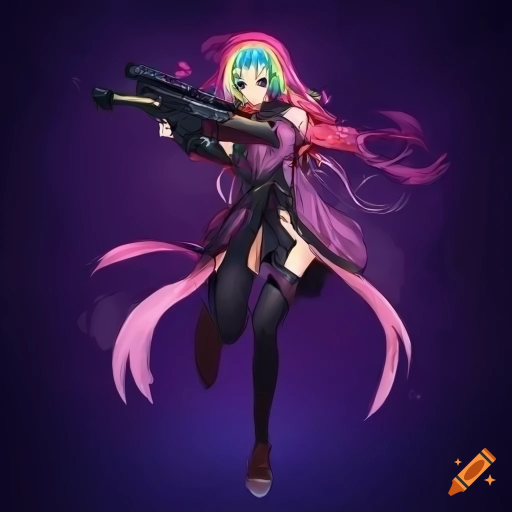 Anime magical girl with colorful hair and wings in action pose with a ...