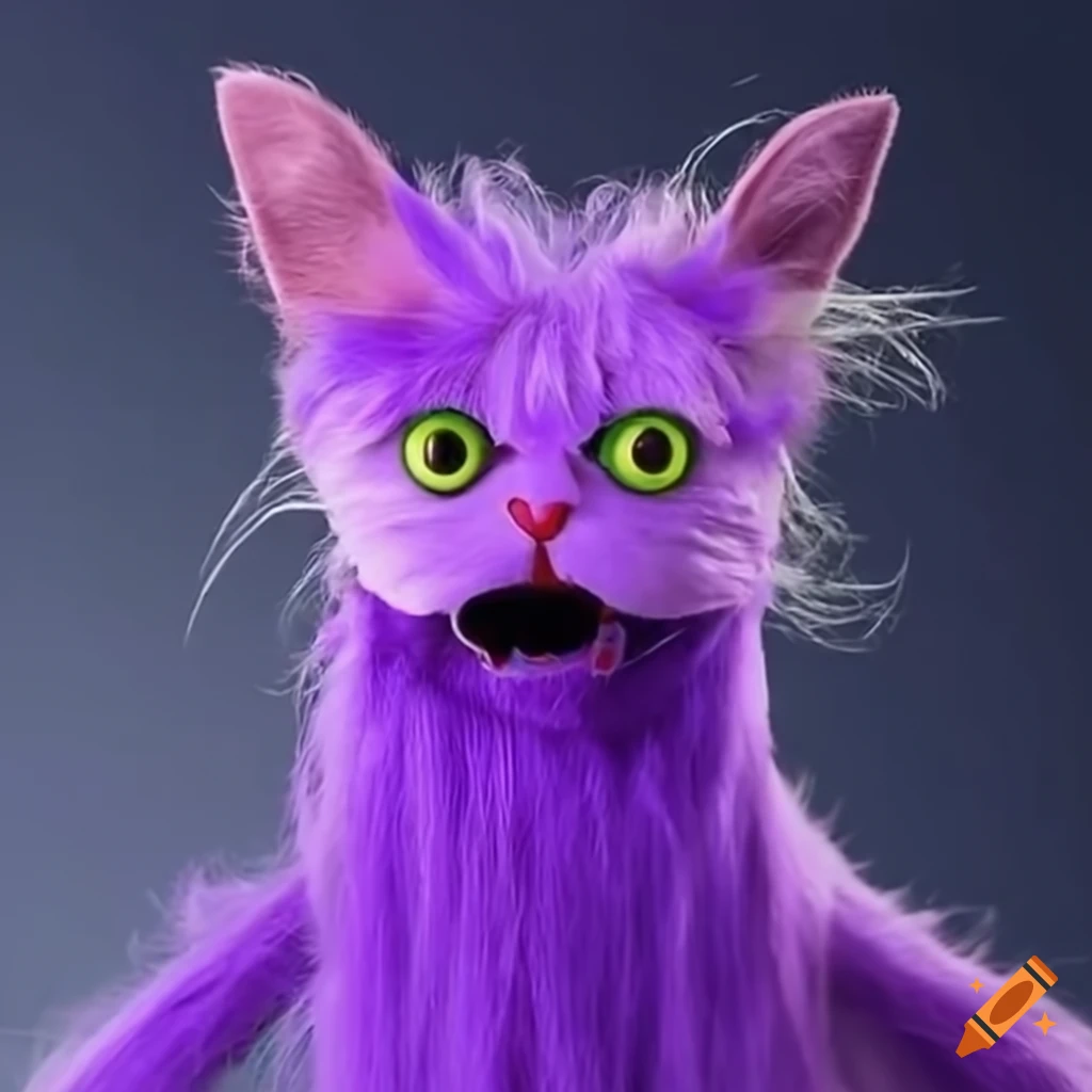 Purple cat puppet with long hair and mouth open in a screaming pose on ...