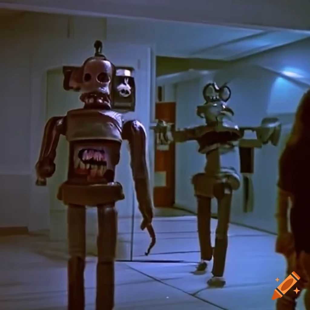 Creepy robot zombies entering shopping center lobby in VHS 1970's low ...