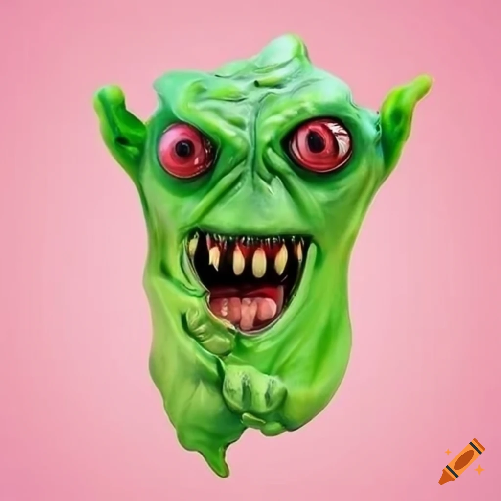 Large slim weak green monster with big legs and sharp teeth with a big ...