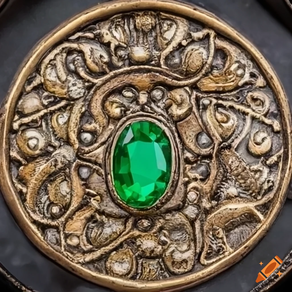 Round bronze emblem with turtle motif and emerald gemstones on Craiyon