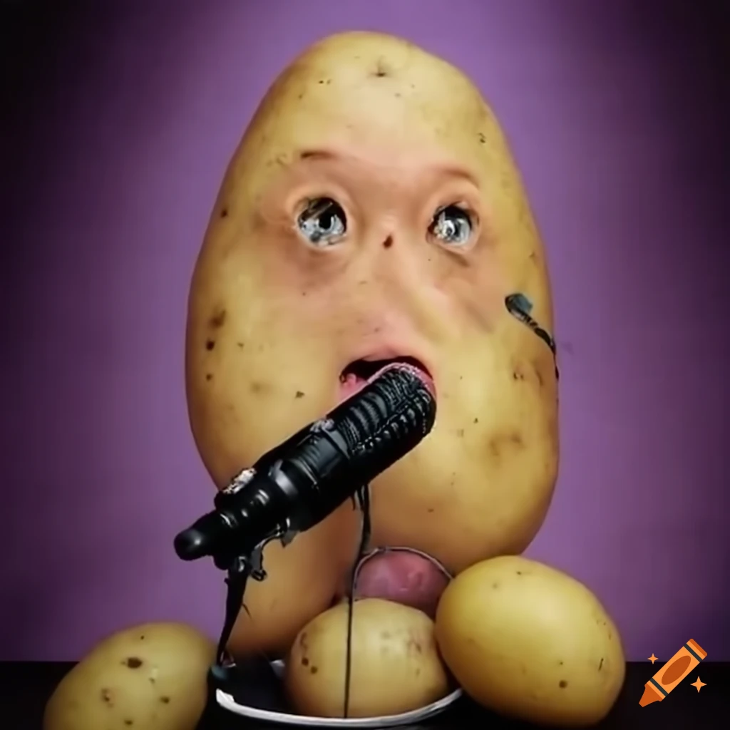 Potato singing with a microphone on stage on Craiyon