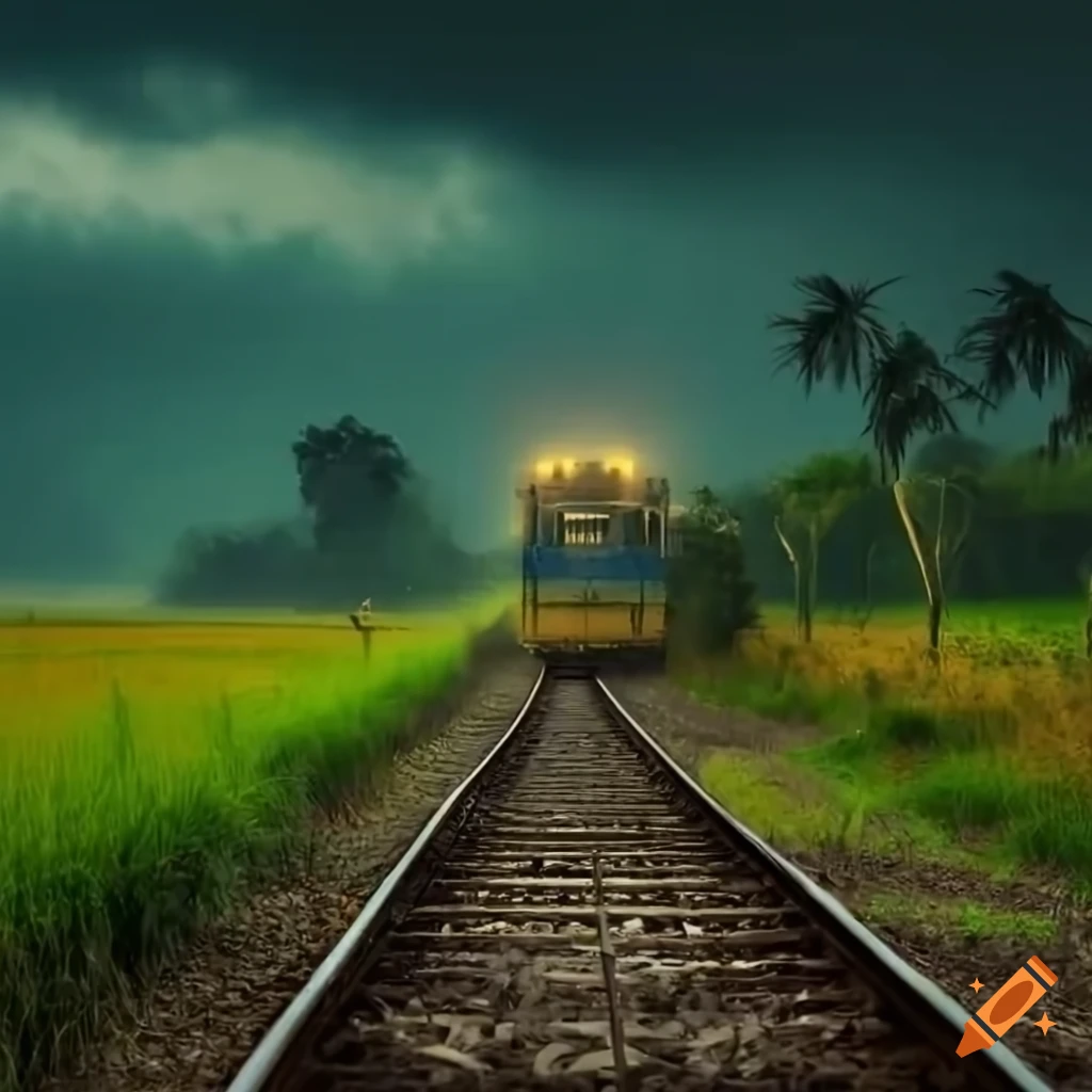 Indian paddy field with railway tracks and approaching train on a rainy ...