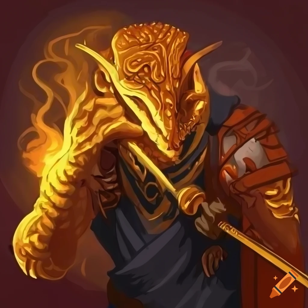 Gold dragonborn holding a sword with glowing white eyes and smoke from ...