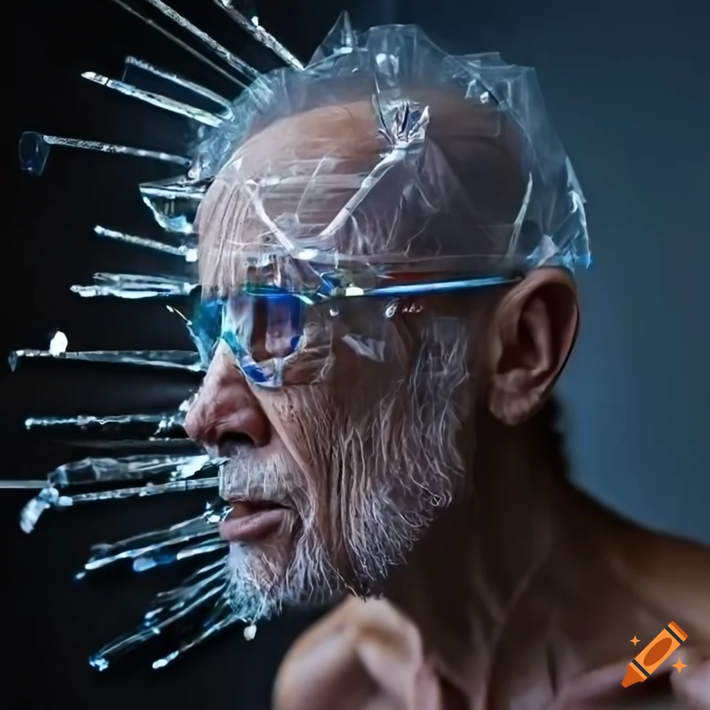 Skinny elderly man in futuristic transparent crystal shard streetwear ...