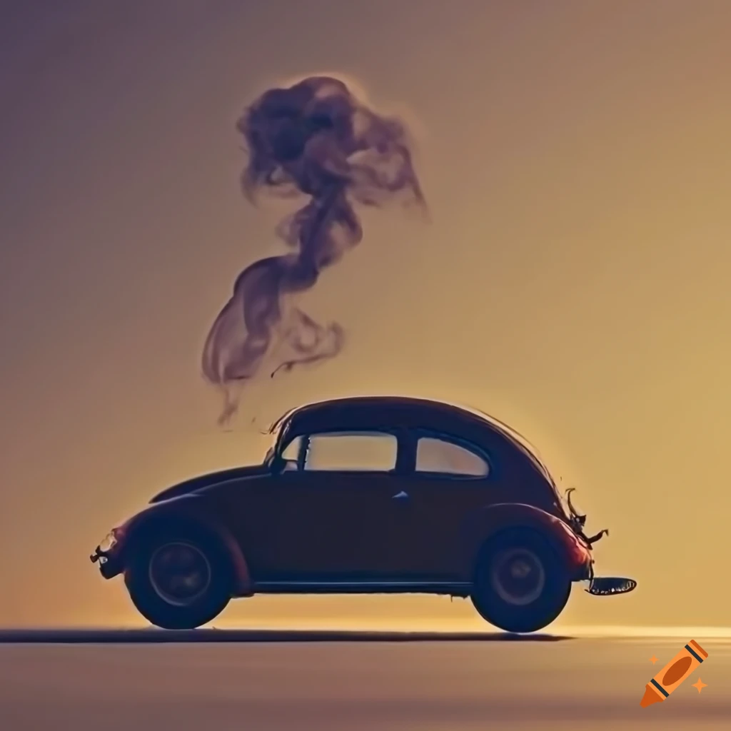 Desert panorama with swirling smoke and a small VW Beetle, plus a ...