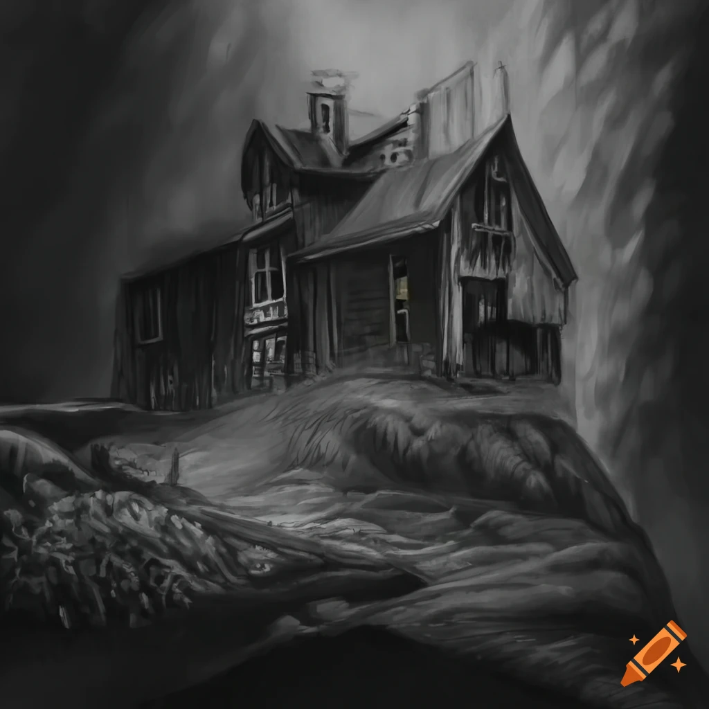Dark run down house on a hillside in a realistic drawing on Craiyon