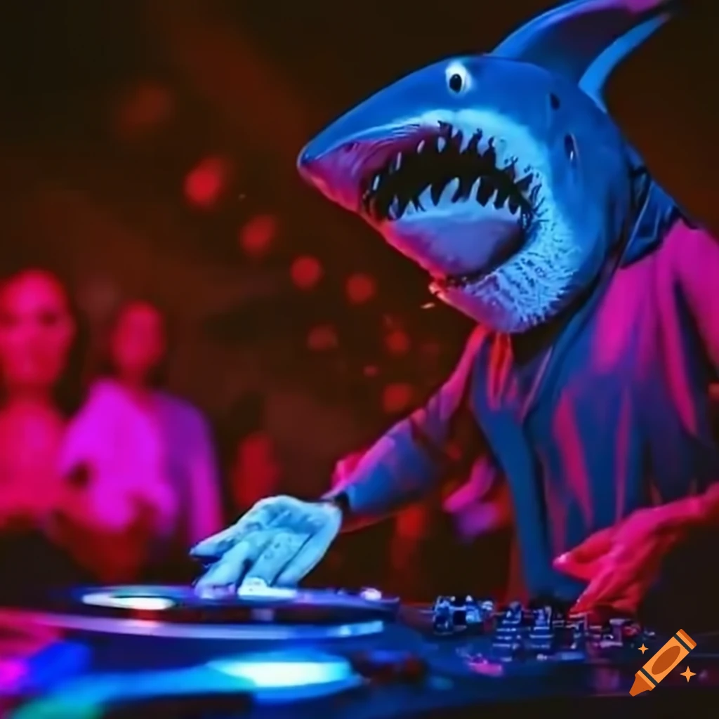 Shark DJ playing turntables with animals dancing in front on Craiyon