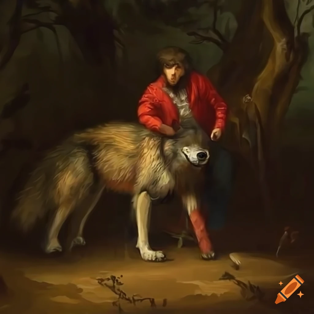 Oil painting of a wolf in a forest surrounded by woodcutters with red ...