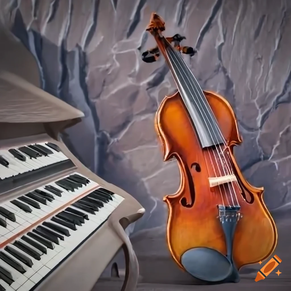 Synthesizer and violin in front of a mountain wall on Craiyon