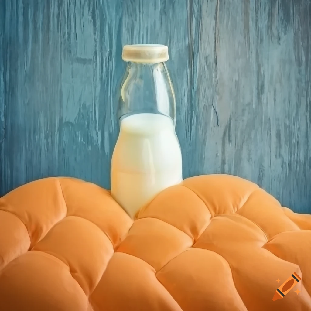 Vintage glass bottle of milk on colorful puffy pillows in a cozy living ...
