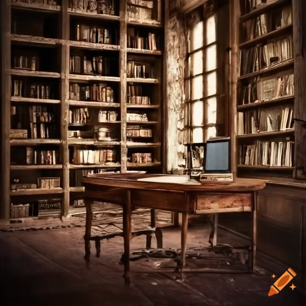 Old study room with high shelves, desks, and large windows on Craiyon
