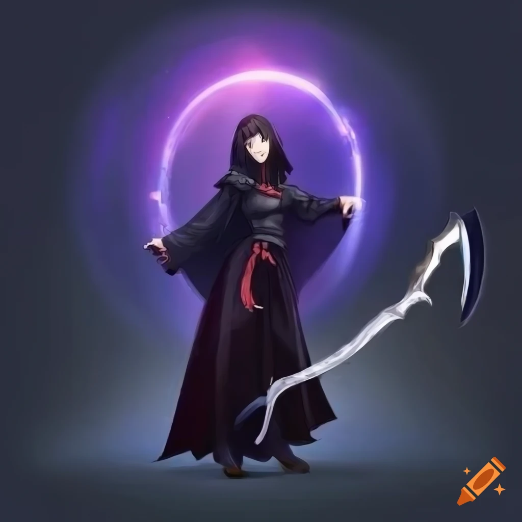 Anime magical warrior woman with dark cloak and scythe in dynamic pose ...
