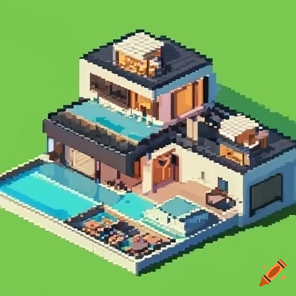 Modern luxury villa in 2D isometric pixel art style on Craiyon