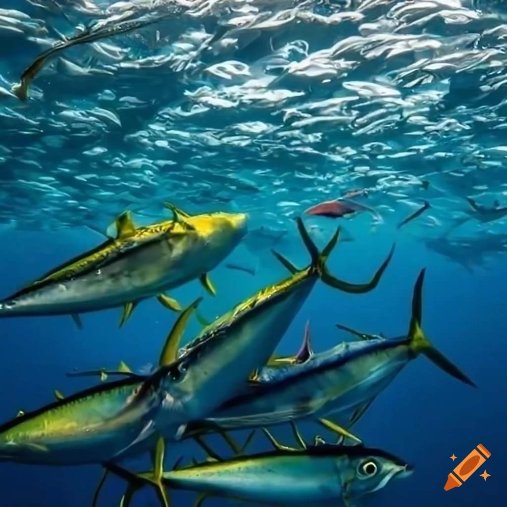 Yellowfin tuna hunting in a vibrant underwater scene on Craiyon