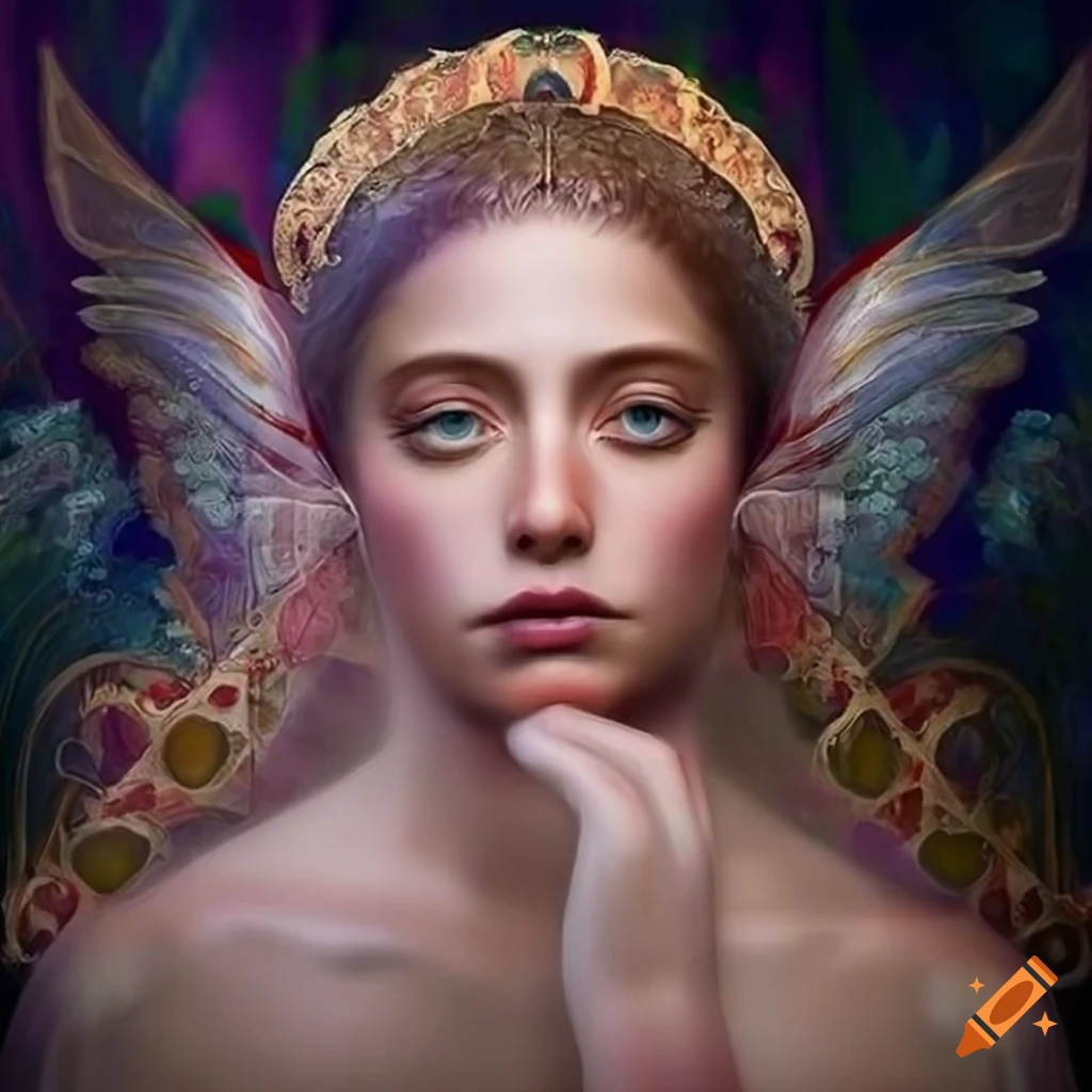 Hyperrealistic digital masterpiece featuring a fairy goddess blending ...