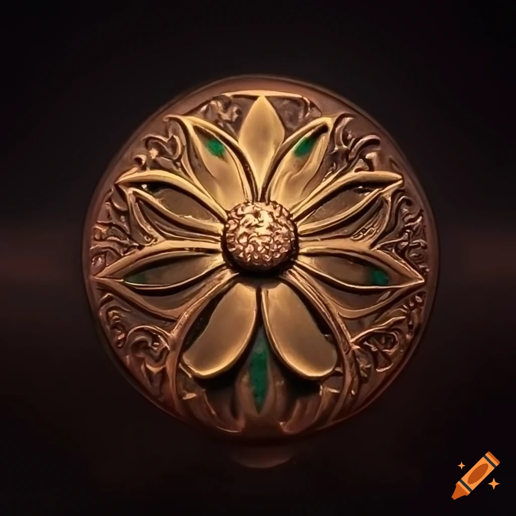 Bronze signet emblem with emeralds and lotus blossom motif in full ...