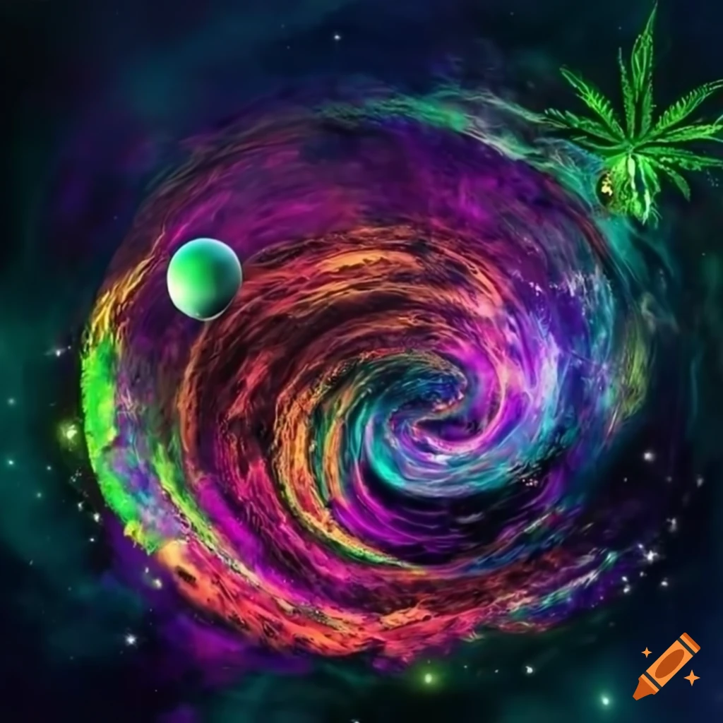 Psychedelic space scene with smoke-like planets and cannabis leaves on Craiyon