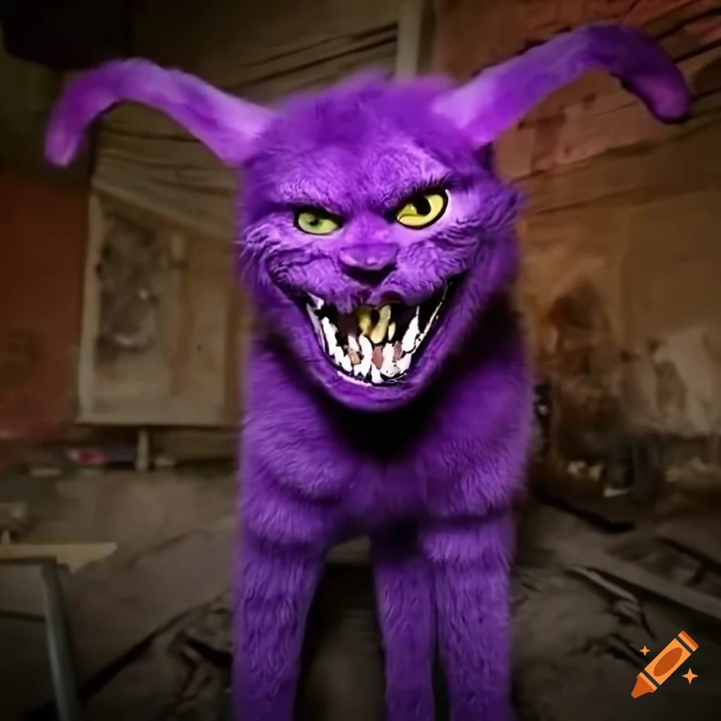 Creepy purple furry cat monster with wide empty smile and glowing white ...