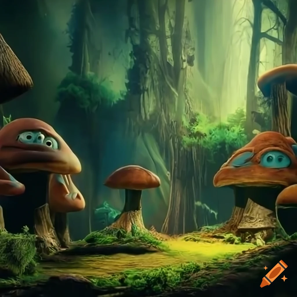 Smurfs living in a magic forest with mushroom houses on Craiyon