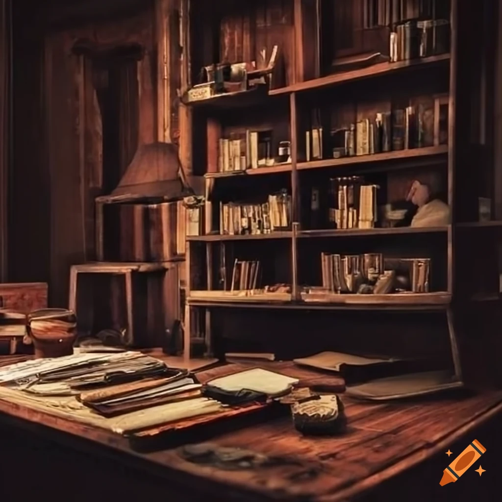 Old study room with filled shelves, desks, and tall windows on Craiyon