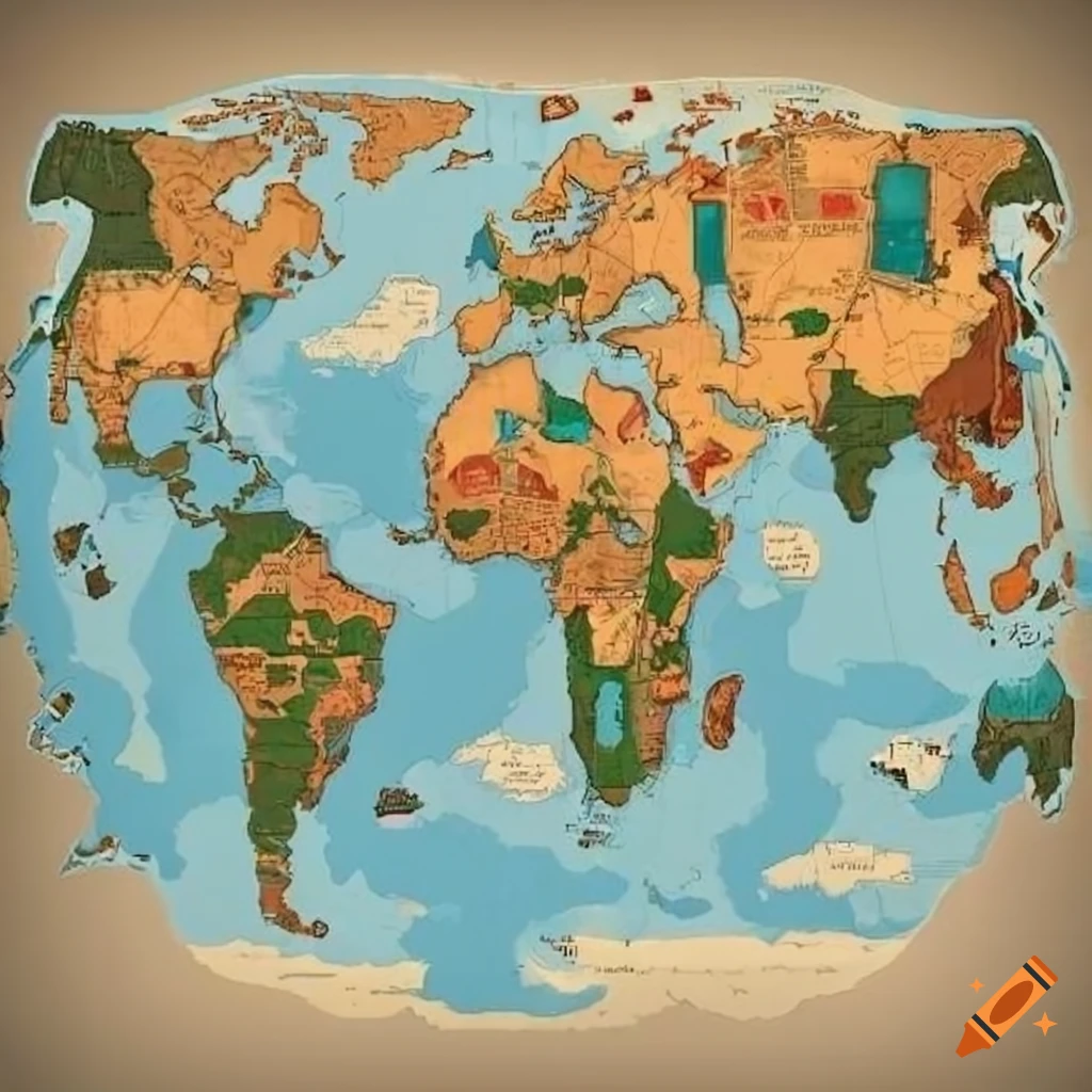 Detailed world map illustration with cold war territories and landmarks ...