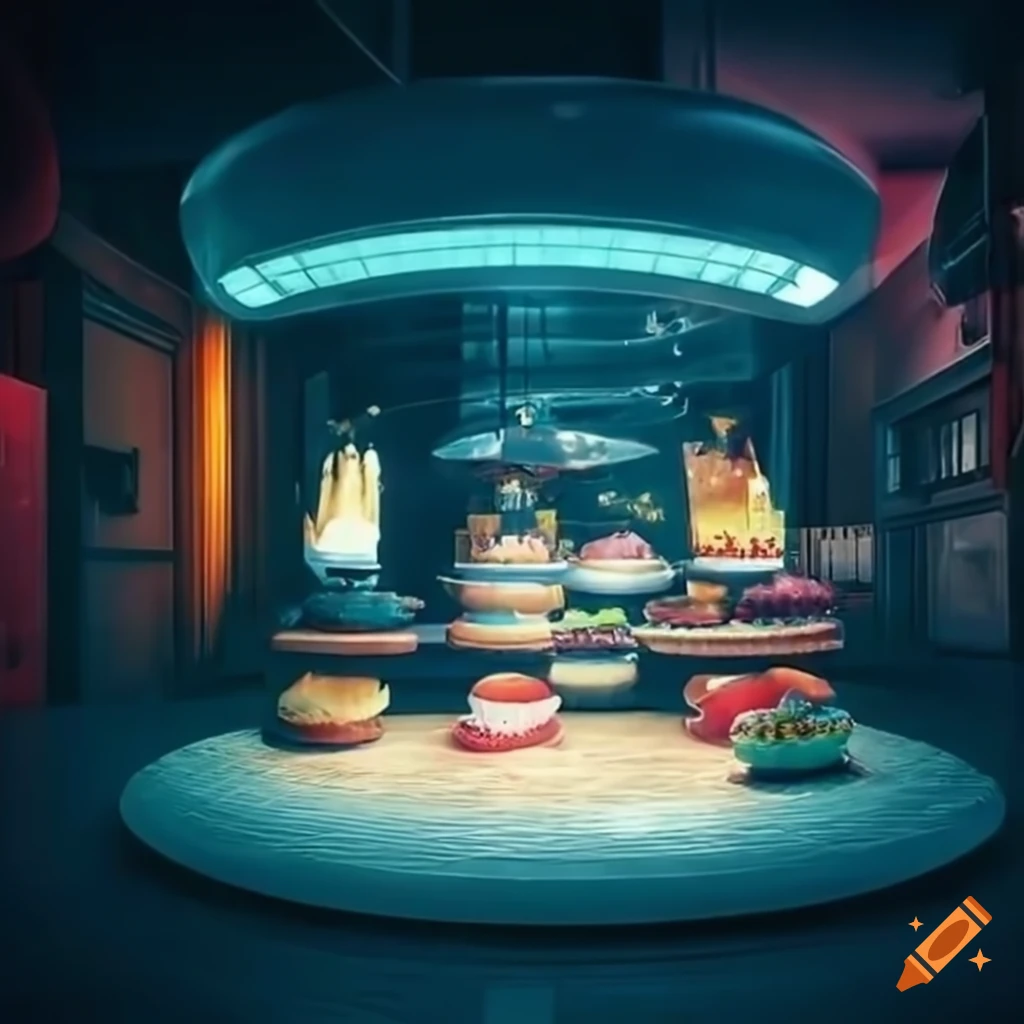 Futuristic kitchen with colorful cakes and robot chefs in a bustling ...