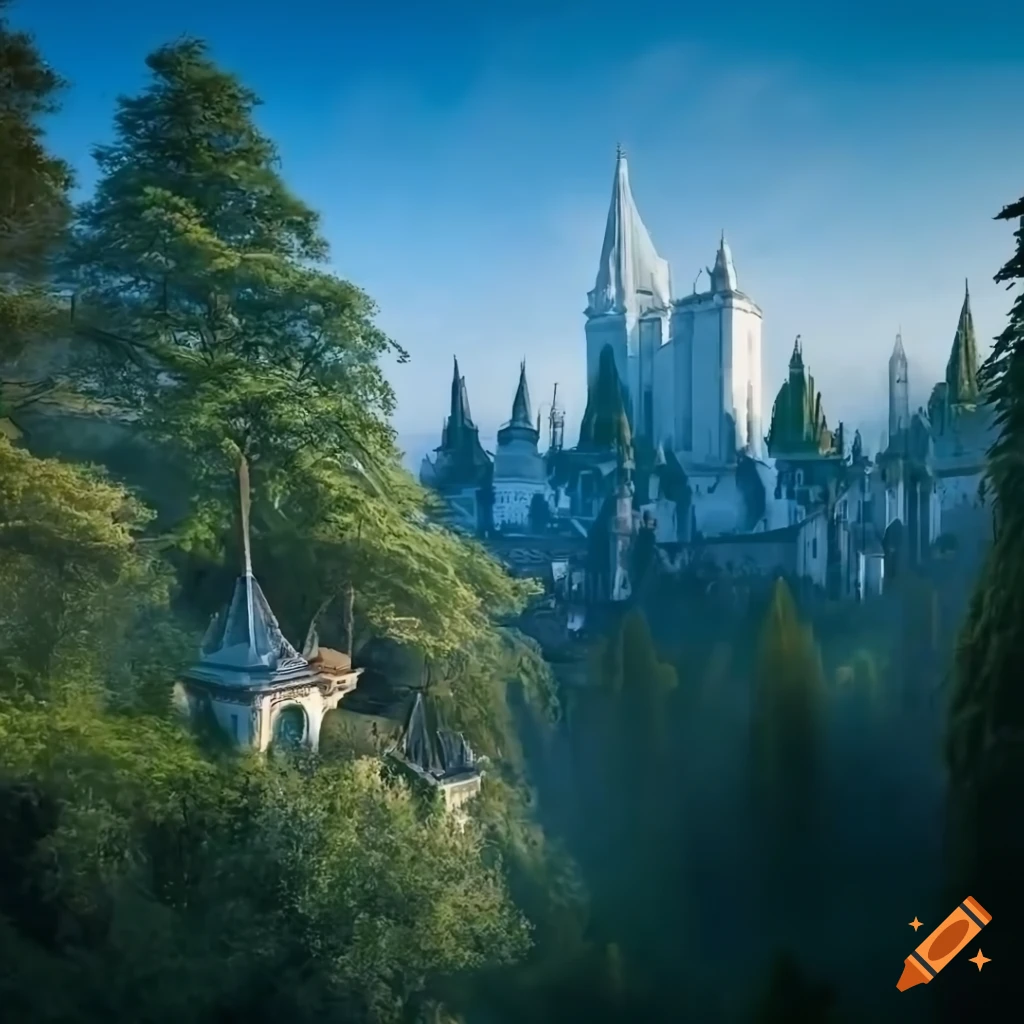 Breathtaking elven city with high white tower and clear skies ...