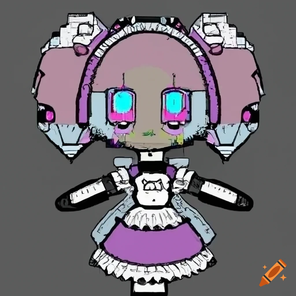 Chibi-style robot maid with large head and oversized headdress on Craiyon