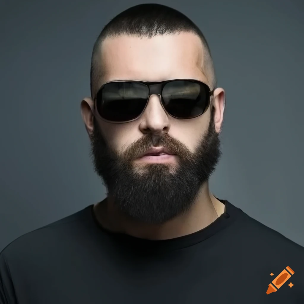 Rugged man in sunglasses and black shirt with buzz cut hairstyle and ...