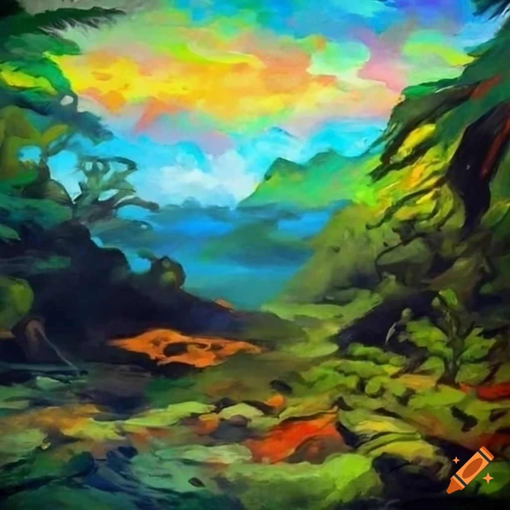 Prehistoric jungle landscape with volcanic mountains in a Frank ...