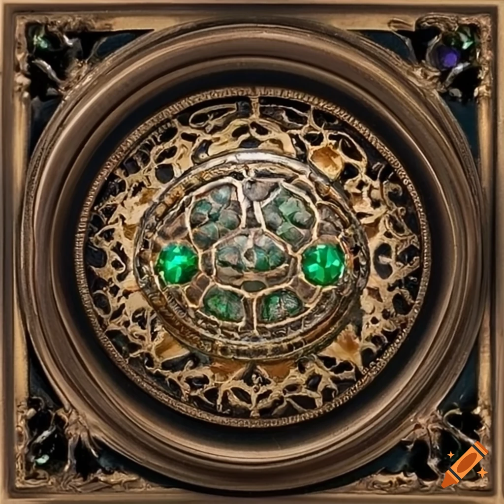 Bronze emblem with turtle motif and emerald gemstones on Craiyon