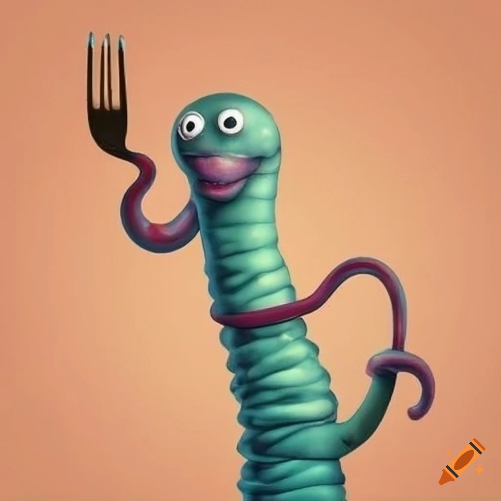 Whimsical hungry worm with a fork on Craiyon