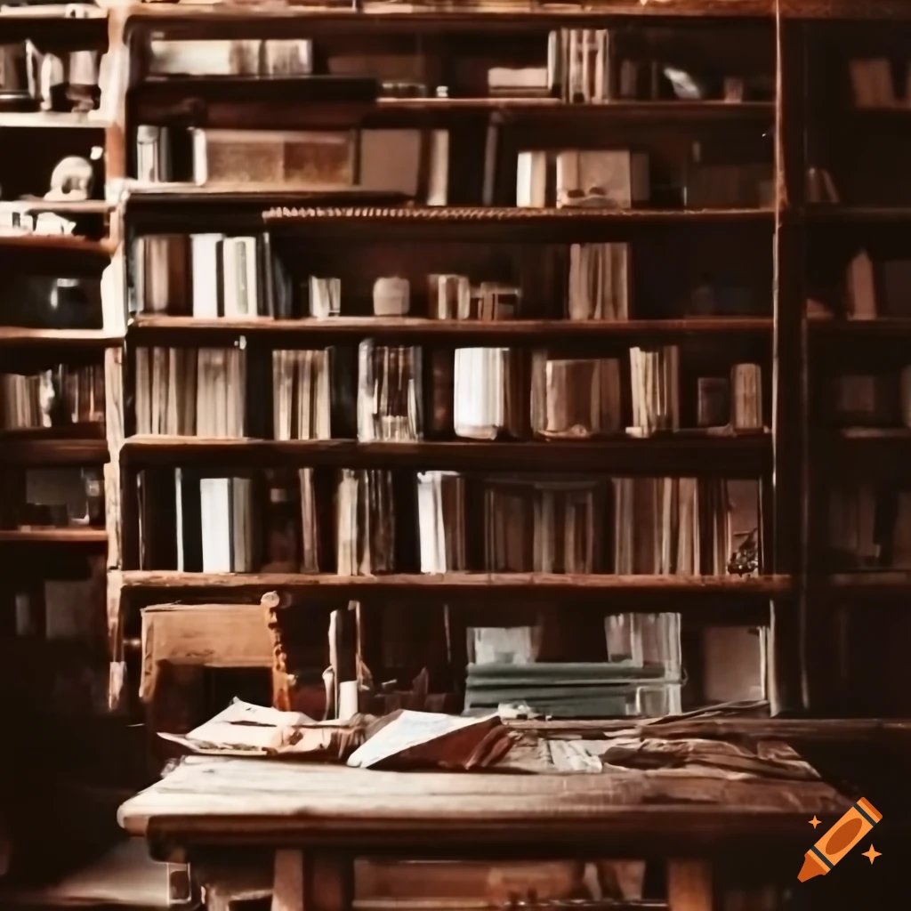 Old study with filled shelves, desks, and tall windows on Craiyon
