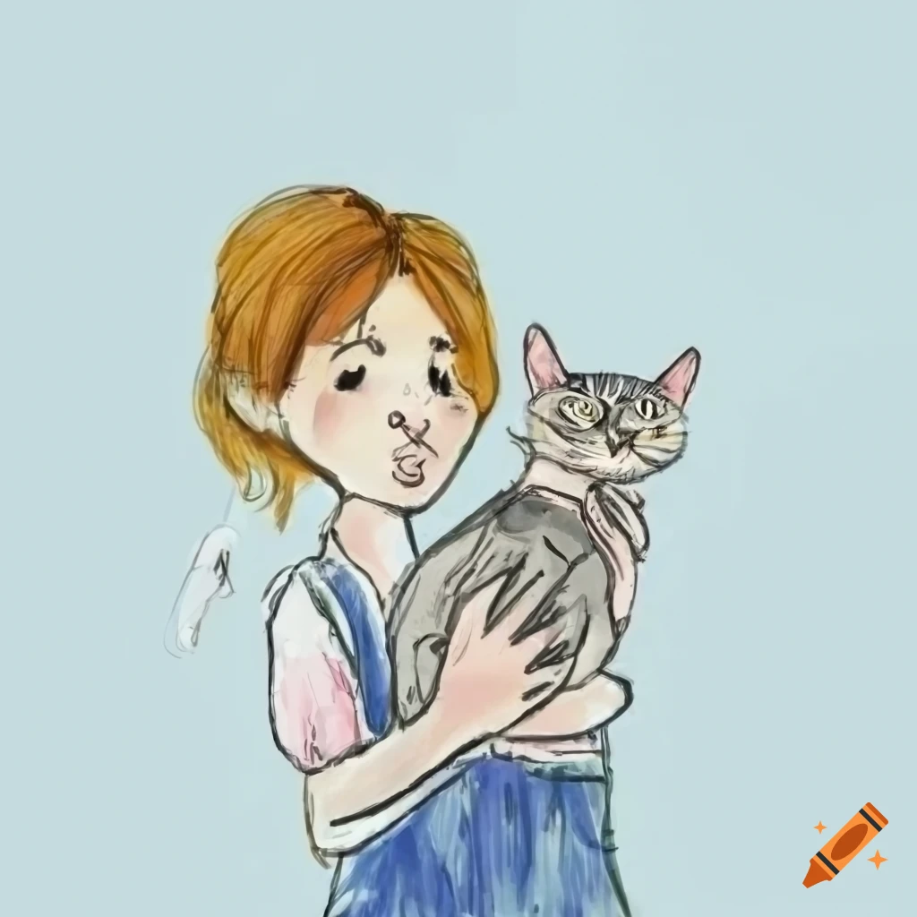 Girl and cat in Quentin Blake style with scribbled illustrations on Craiyon