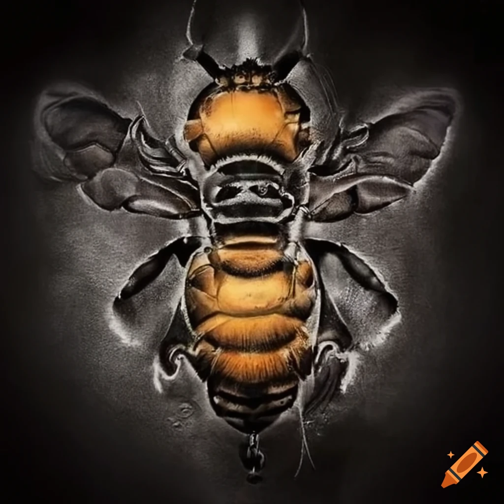 Mechanical bee tattoo idea with cogs and gears, hyper-realistic black ...