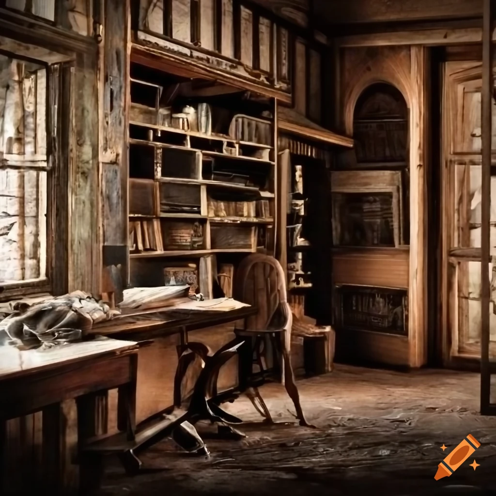 Old study with filled shelves, desks, and tall windows on Craiyon